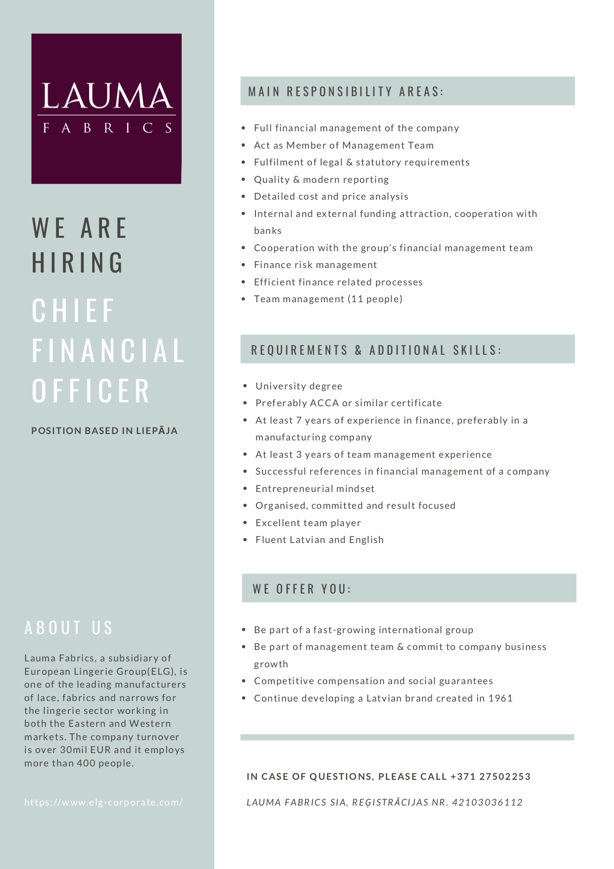 WE're hiring CFO Lauma Fabrics_ - ELG | European Lingerie Group